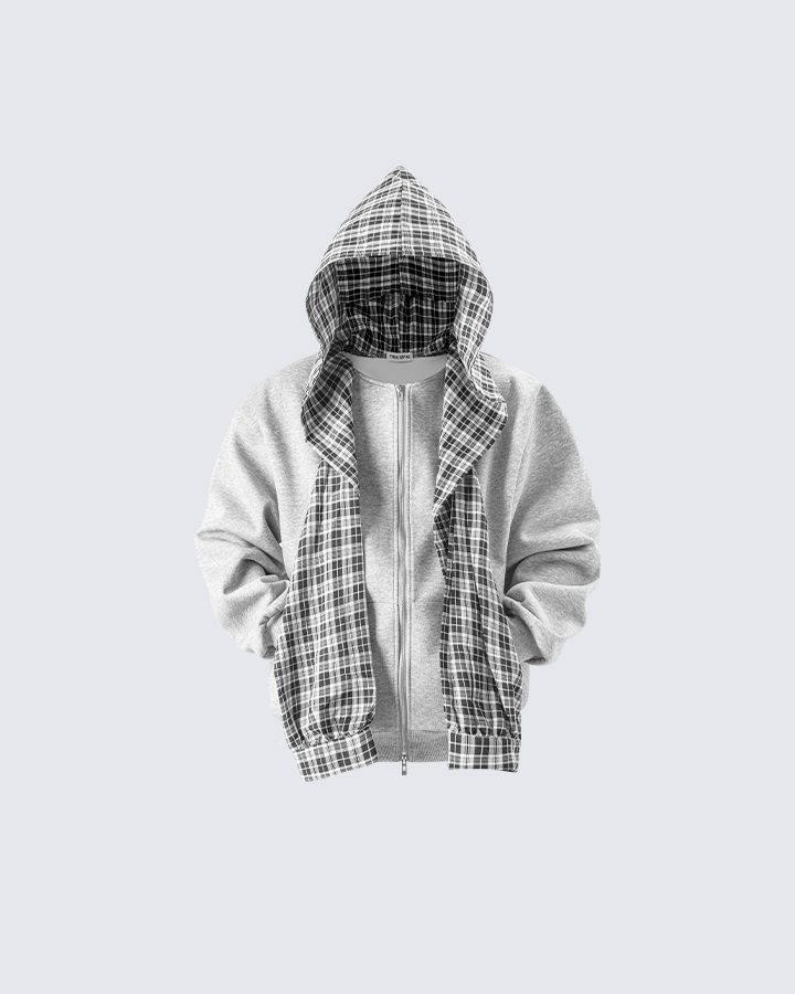 KIIKIO Plaid Scarf Hoodie – Dual-Wear Zip Jacket with Hood and Contrast ...