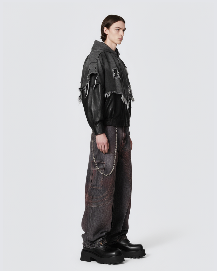 KIIKIO Red Gradient Wide-Leg Denim – 3D Panel Street Pants