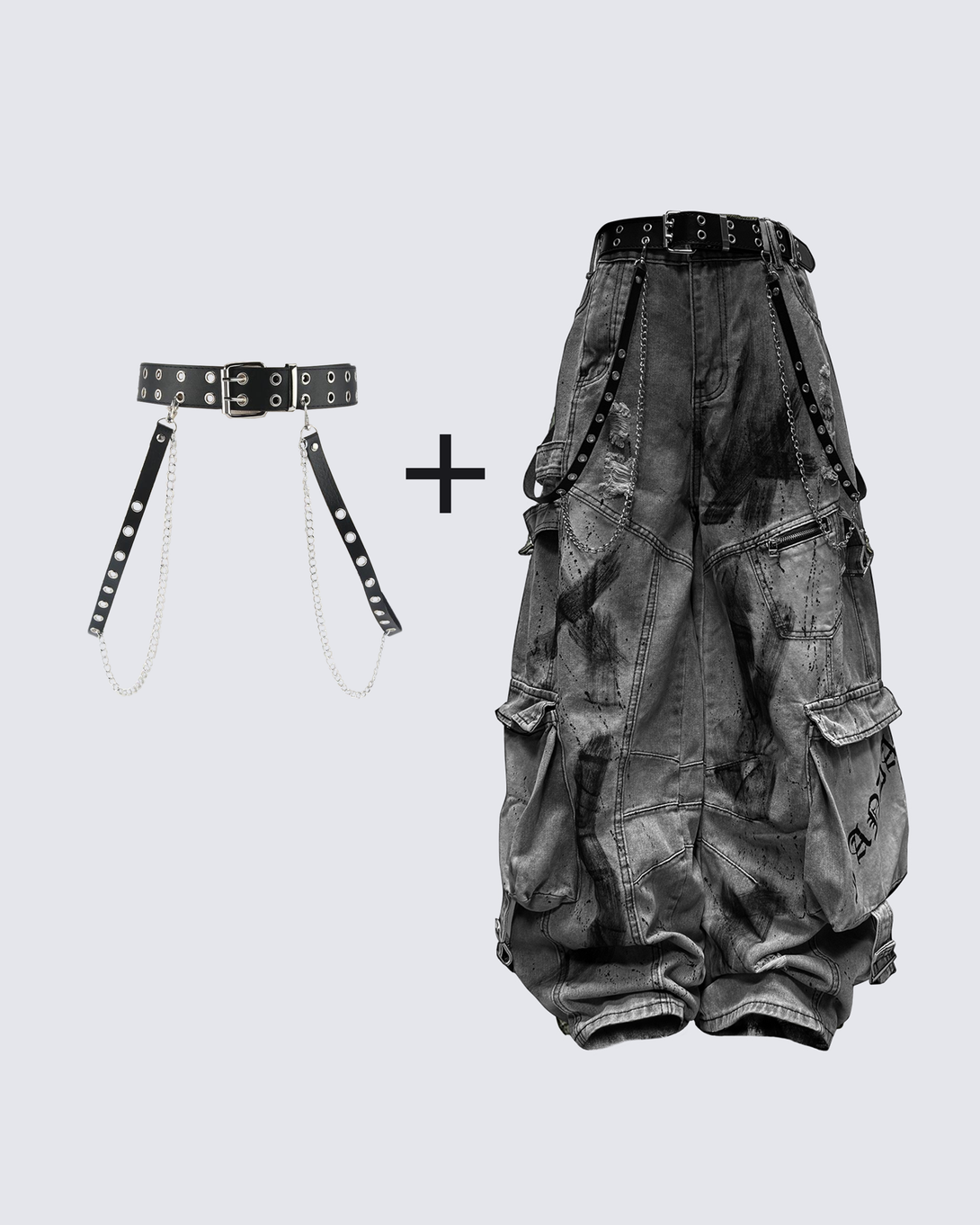 KIIKIO Streetwear Cargo Denim Pants with Belt and Chain Details